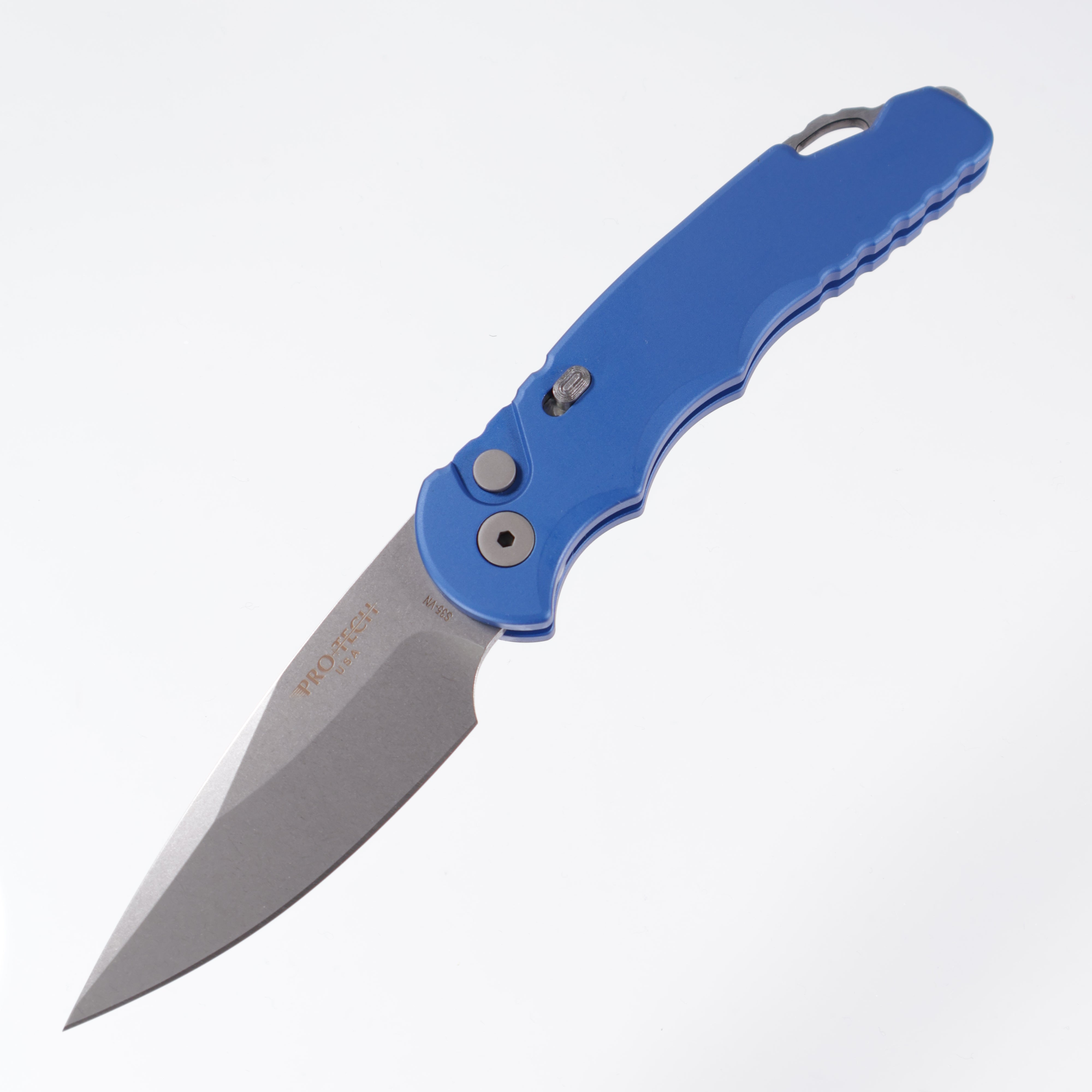 Protech TR-5 T501-BLUE - Blue Handle w/ safety - Stonewash S35VN
