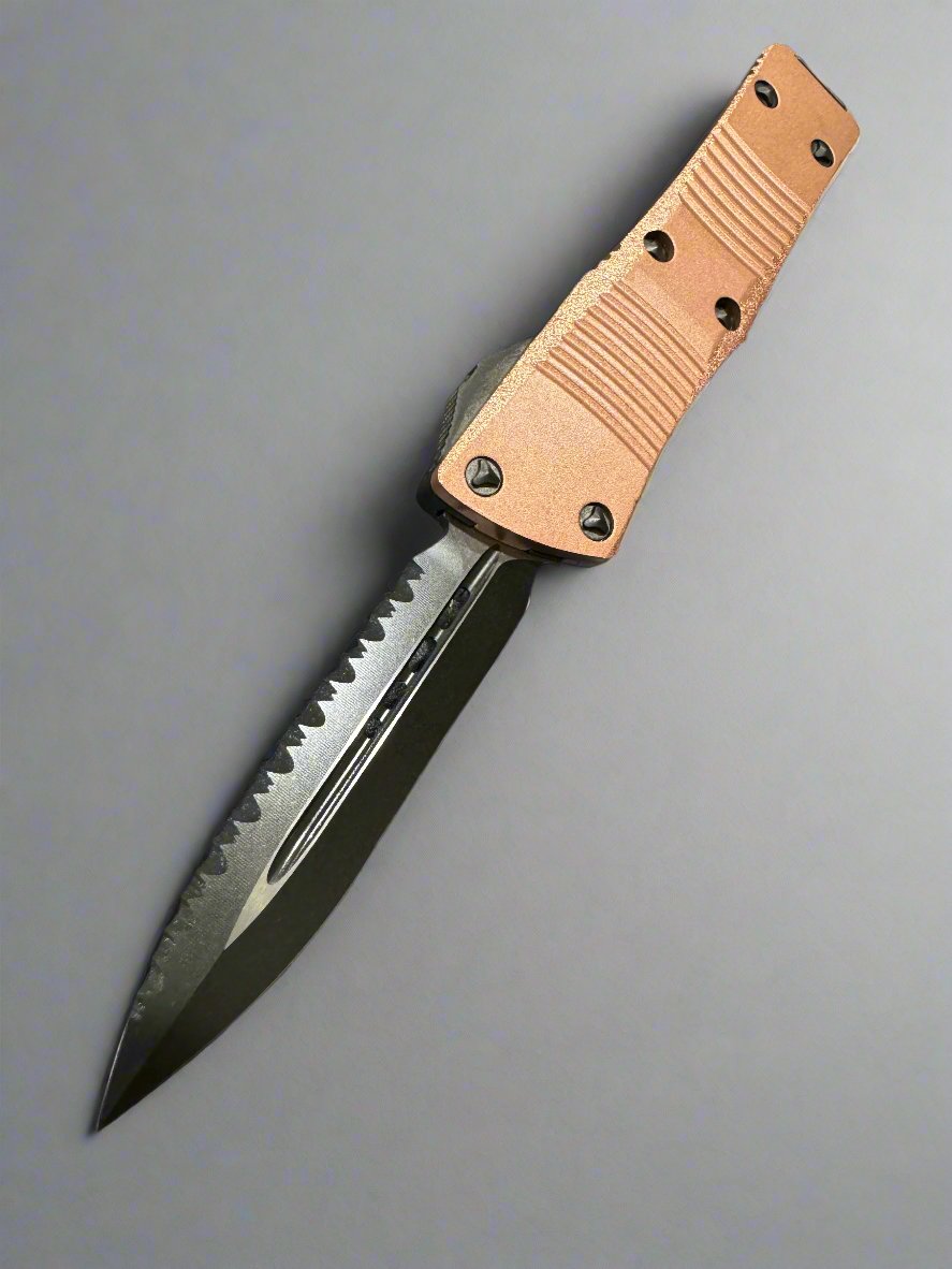 Microtech Troodon Stippled Copper Top DLC Full Serrate “F Off” Marfion ...