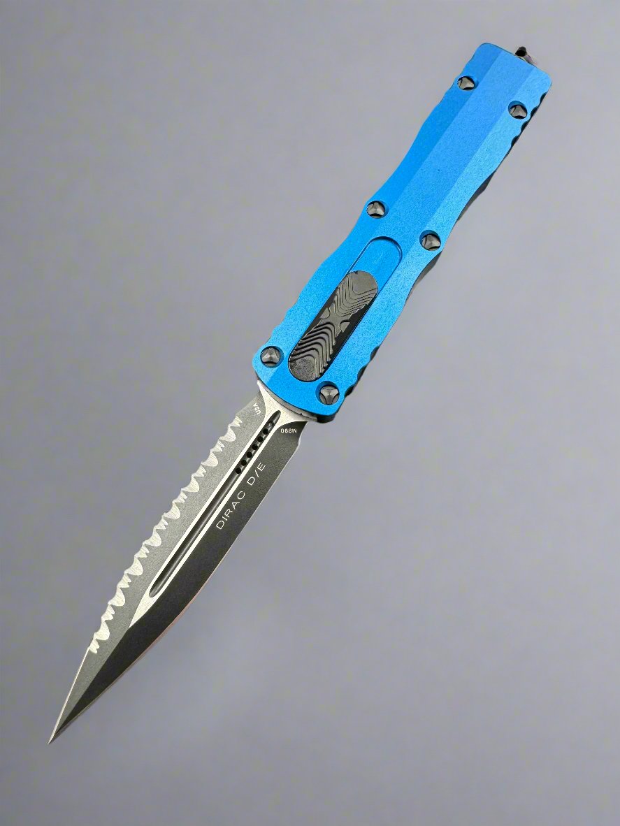 MICROTECH DIRAC OTF KNIFE- DOUBLE EDGE- BLUE HANDLE- BLACK FULL SERRAT