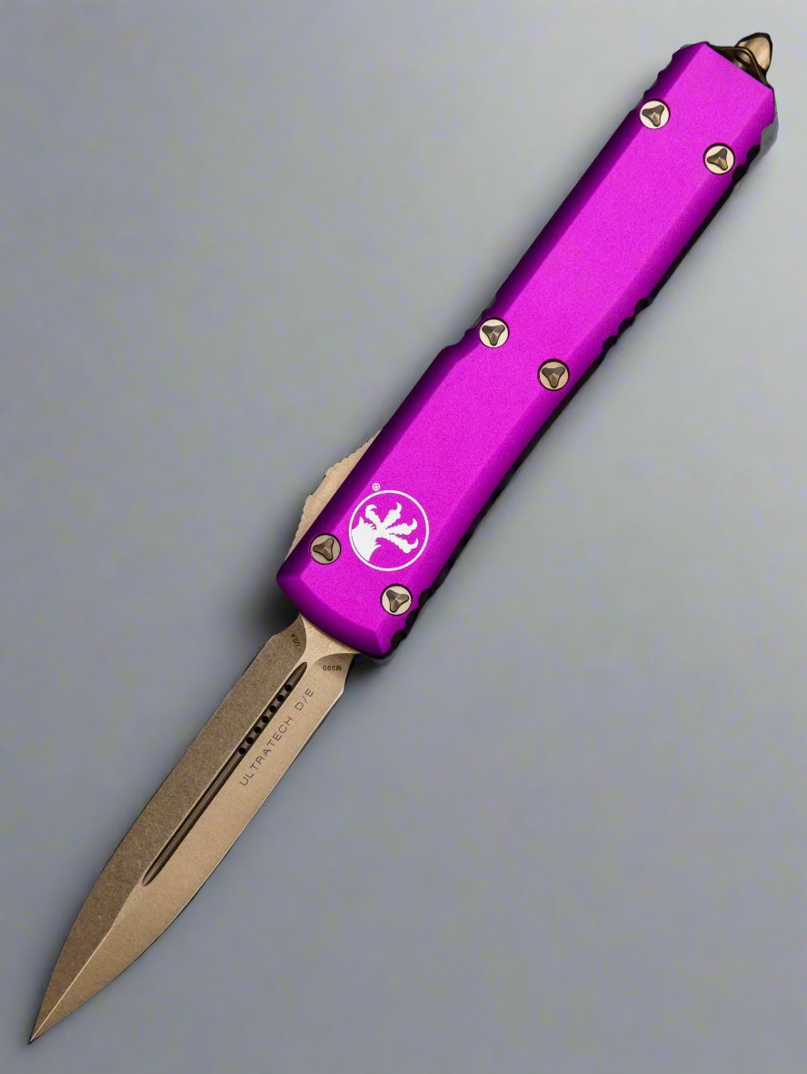 MICROTECH ULTRATECH OTF KNIFE- DOUBLE EDGE- VIOLET HANDLE- BRONZED APO