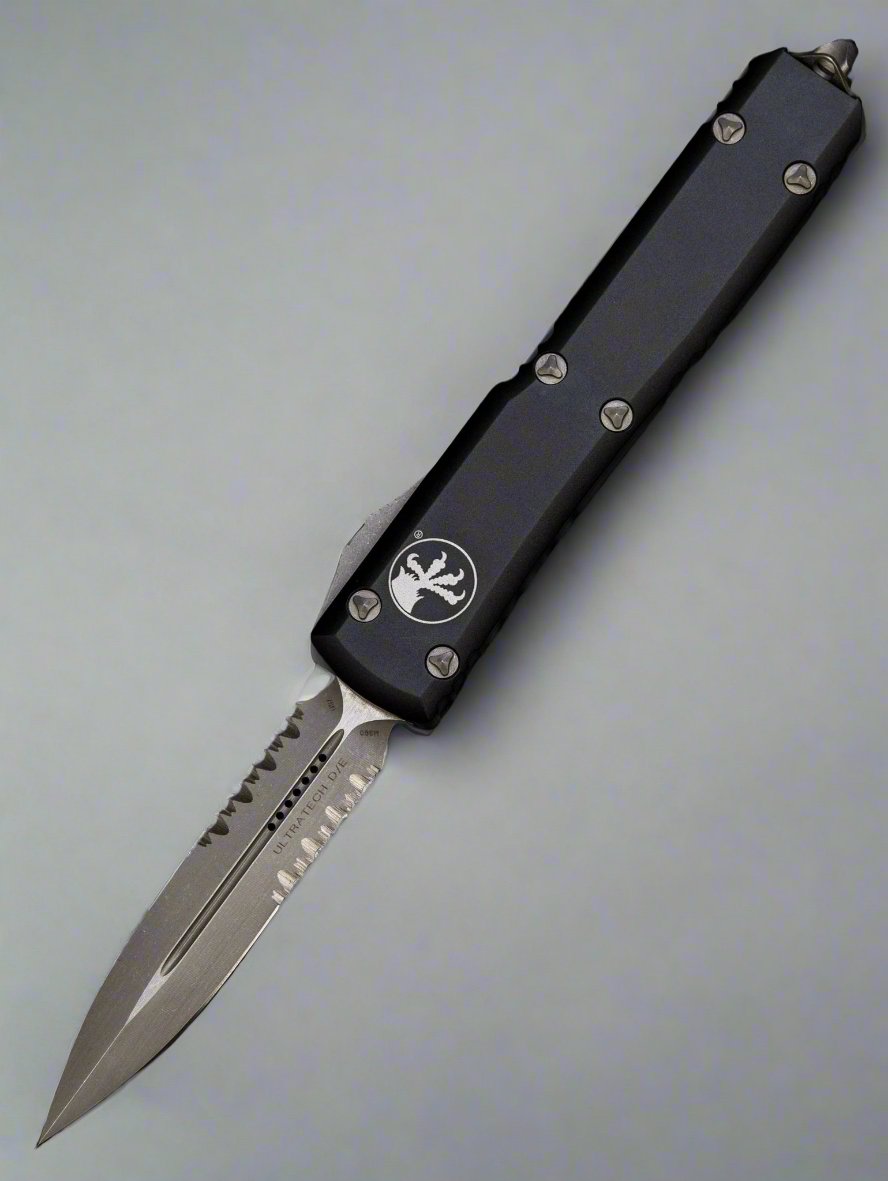 MICROTECH ULTRATECH OTF KNIFE- BLACK HANDLE- PART SERRATED APOCALYPTIC ...