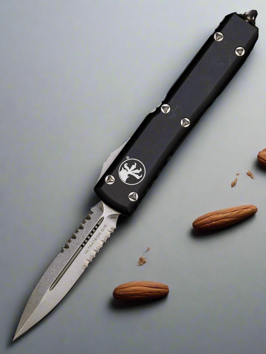 MICROTECH ULTRATECH OTF KNIFE- DOUBLE EDGE- WITH PART SERRATED STONEWA