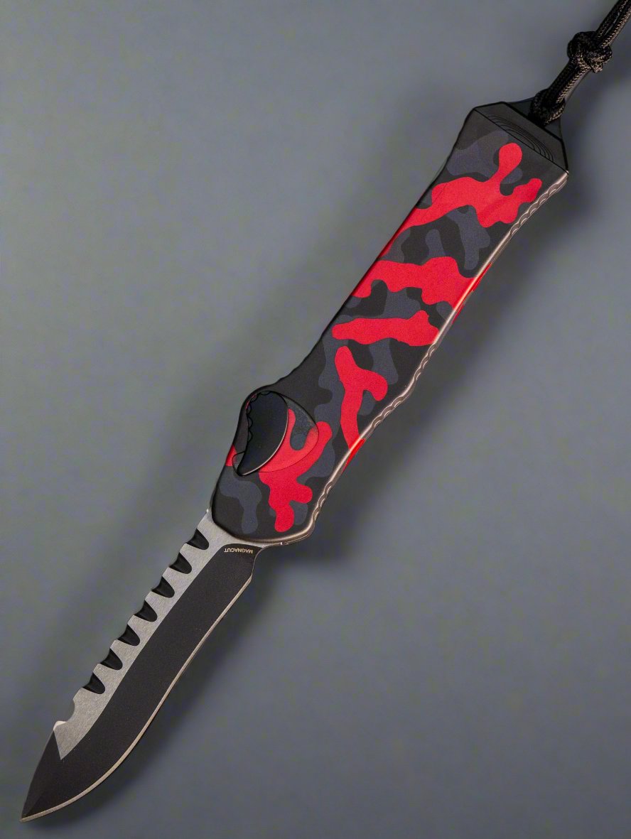 HERETIC KNIVES HYDRA OTF AUTOMATIC KNIFE RED CAMO 3.6" RECURVE TWO-TON