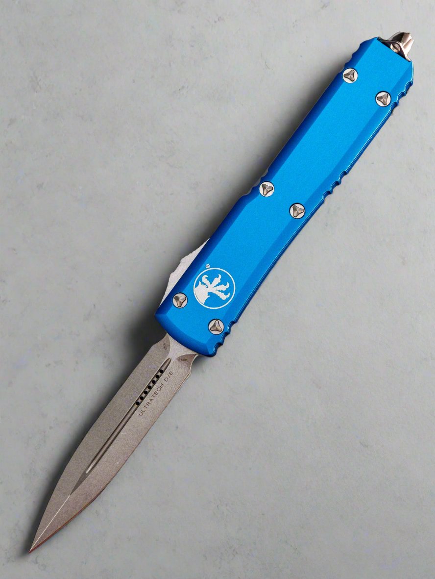 MICROTECH ULTRATECH OTF KNIFE- DOUBLE EDGE- BLUE HANDLE- STONEWASH PLA