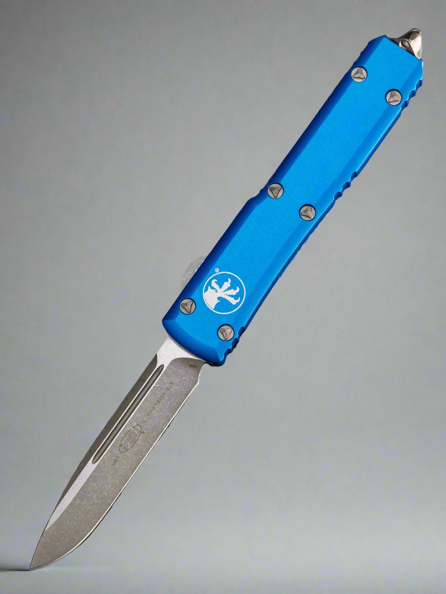MICROTECH ULTRATECH OTF KNIFE- SINGLE EDGE- BLUE HANDLE- APOCALYPTIC B