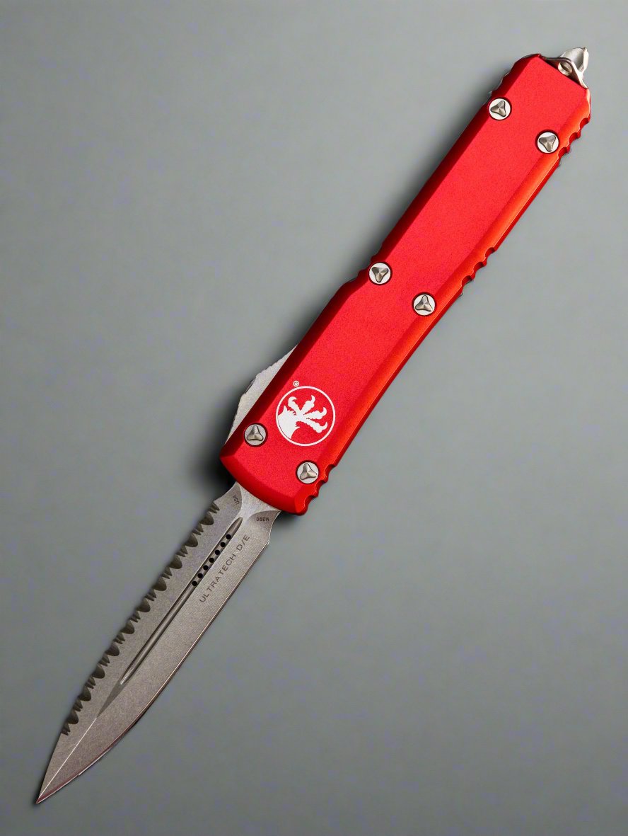 MICROTECH ULTRATECH OTF KNIFE- DOUBLE EDGE- RED HANDLE WITH FULL SERRA