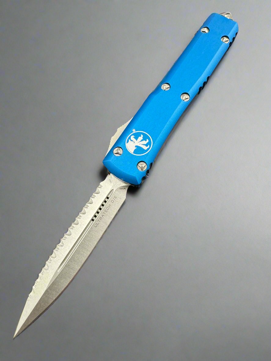 MICROTECH ULTRATECH OTF KNIFE- DOUBLE EDGE- BLUE HANDLE- FULL SERRATED