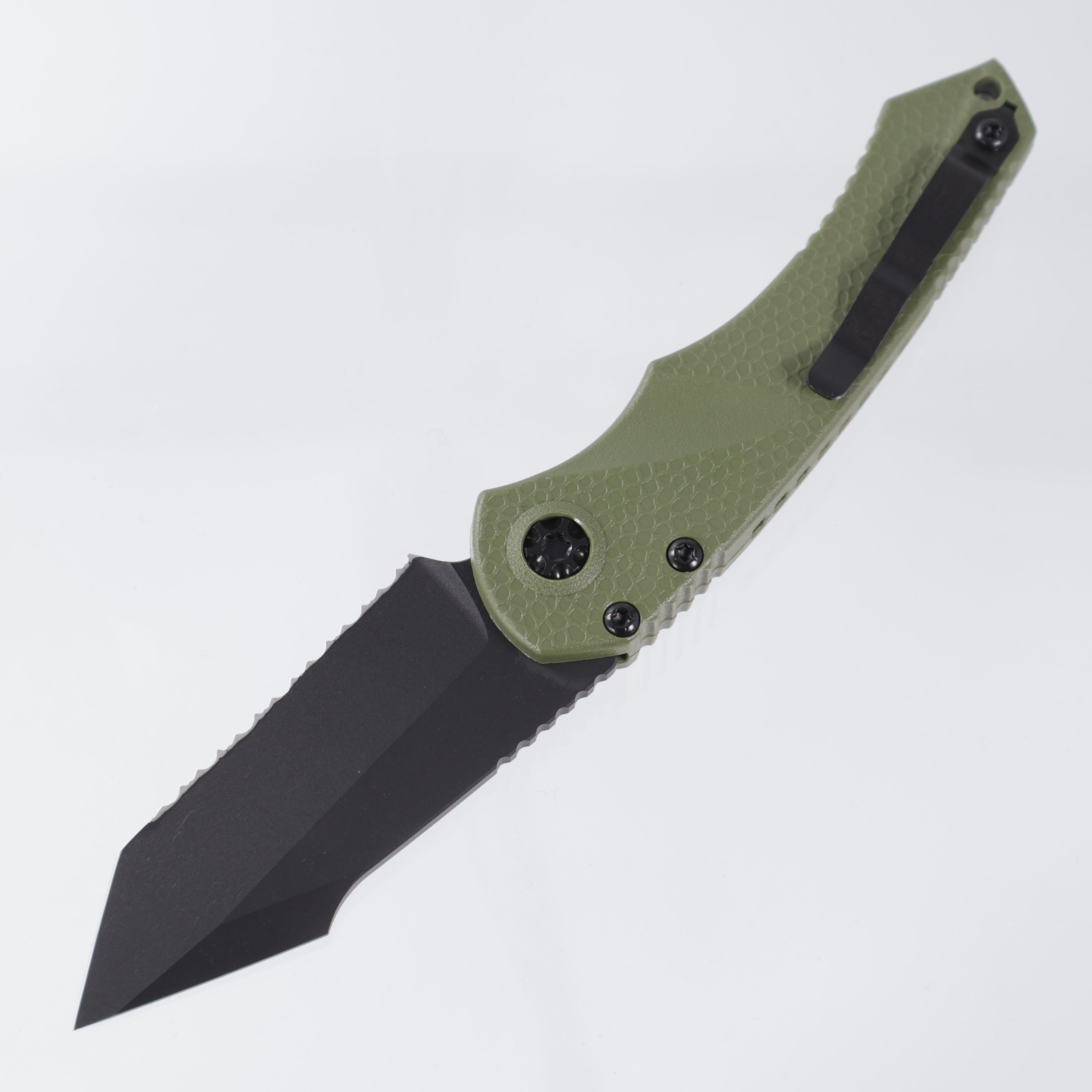 Heretic Mini Pariah Auto Tanto - OD Green Polymer - Full Serrate Cerak ...