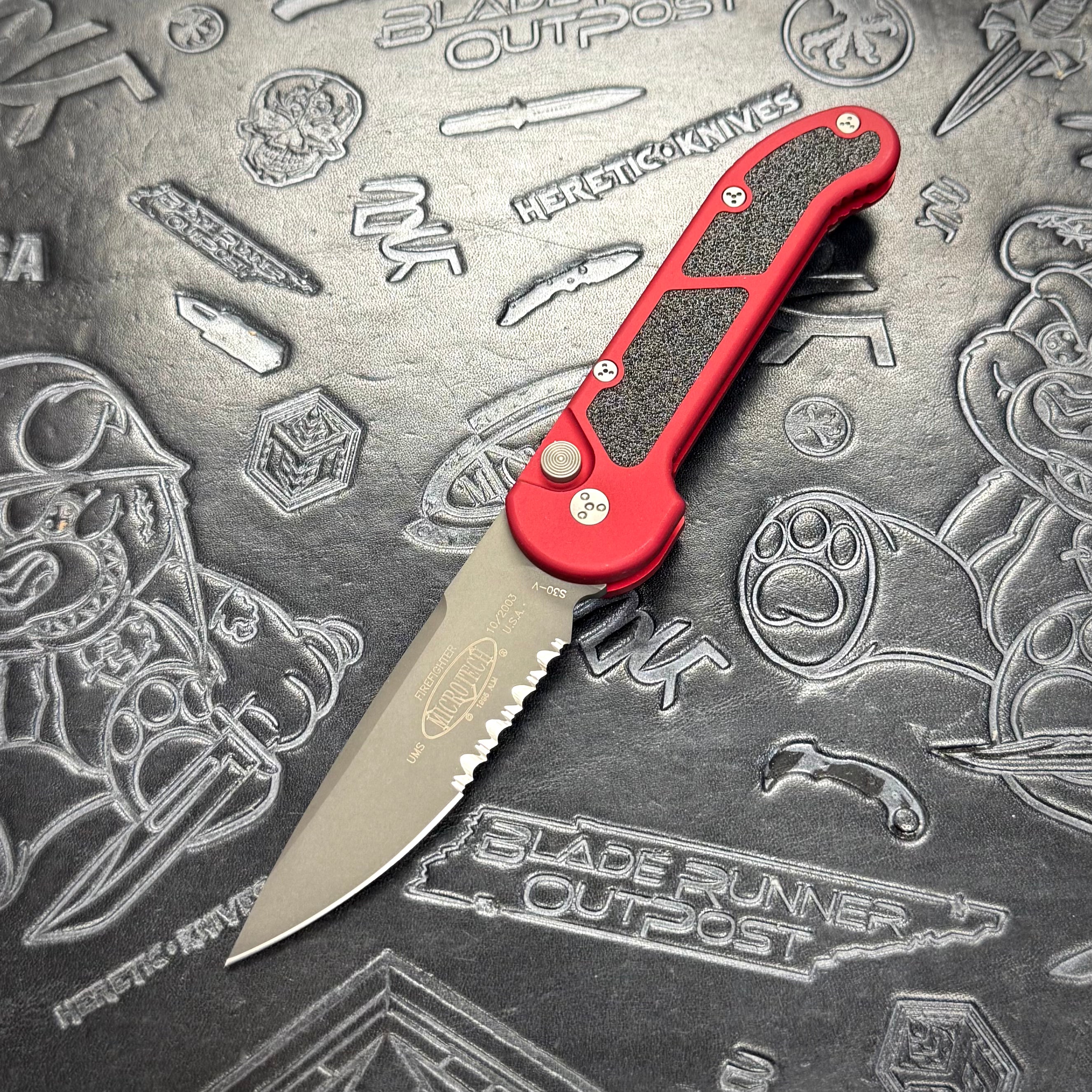 Microtech Vintage UMS Red “Firefighter” w/ safety - Black Partial Serr ...
