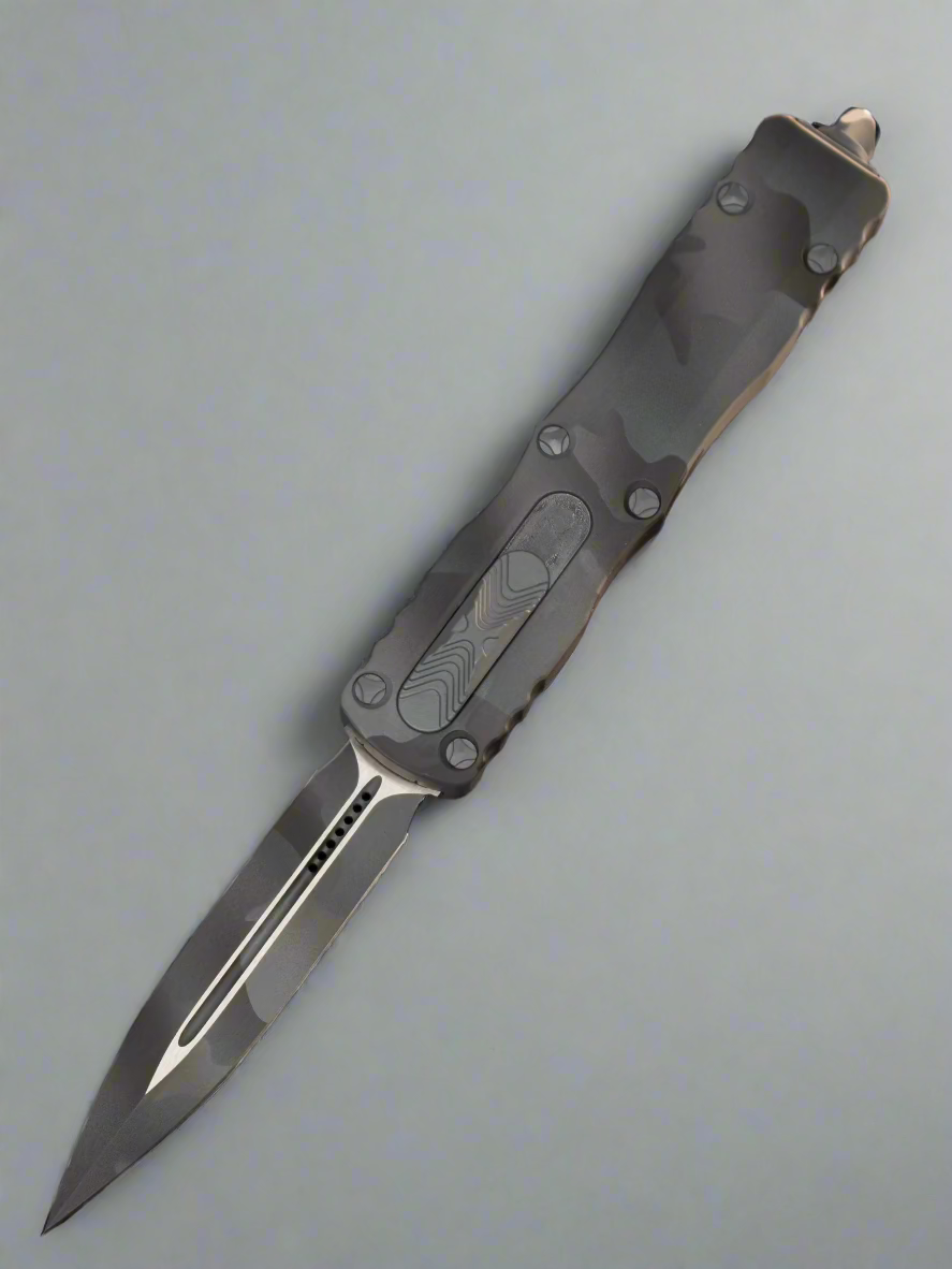 MICROTECH DIRAC OTF KNIFE- DOUBLE EDGE- URBAN CAMO FINISHED HANDLE- UR